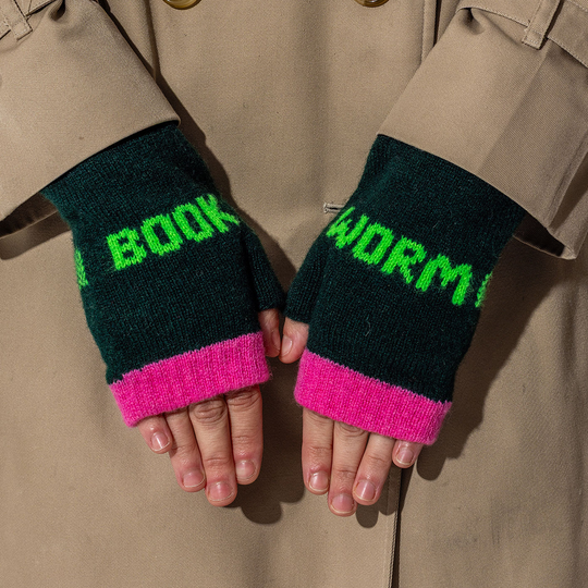 Book Worm Mittens in Forest Green & Neon Green – Black & Beech
