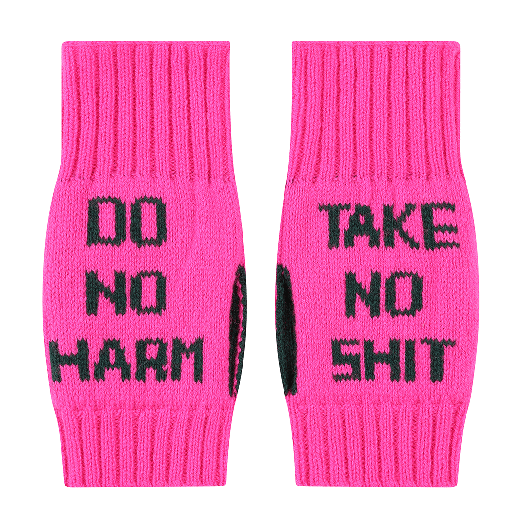 Do No Harm Take No Shit Wrist Warmers in Fluro Pink – Black & Beech